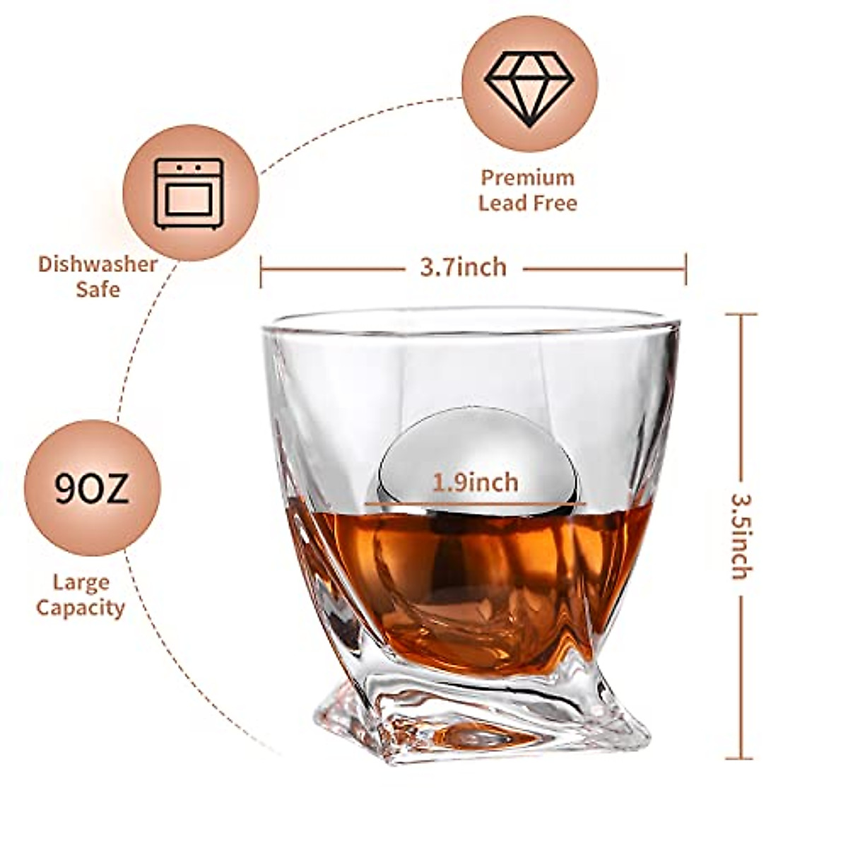 Old Fashioned Whiskey Glasses,Set of 6 (2 Crystal Bourbon Glasses,2 Stainless Steel Ice Balls,2 Round Big Ice Molds )-9 Oz Whiskey Rocks Glass for Scotch Cocktail Rum Cognac Vodka Liquor,Gift for Men