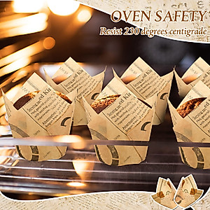 400 Pieces Tulip Cupcake Liners Newspaper Print Paper Cupcake Liner Greaseproof Muffin Liners Grease Resistant Cupcake Wrappers for Weddings Birthday Baby Showers Festival Party Supplies (Brown)