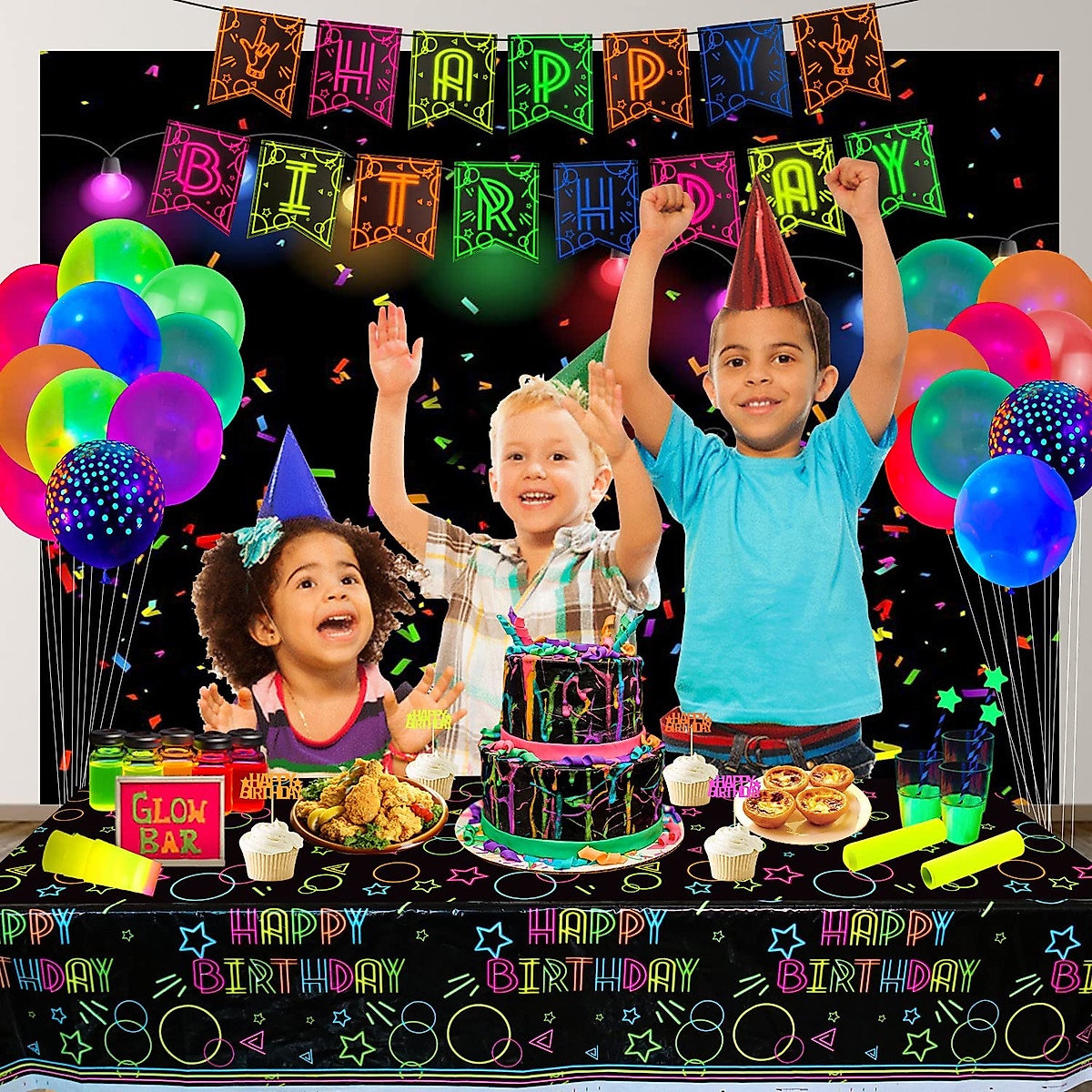 XJLANTTE 3 Pack Glow Party Tablecloth Supplies - Neon Plastic Disposable Birthday Table Cover, Black Light Rectangle All Over Print Table Cloth 51"x86.6" for Glow in The Dark Parties Decorations