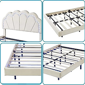 Novaris Full Size Velvet Upholstered Platform Bed Frame with Elegant Flowers Headboard, Modern Floating Platform Bed with Smart LED/Wooden Slats Support/Easy Assemble for Bedroom Girls, Beige