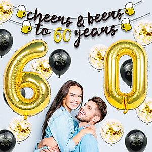 60th Birthday Decorations for Men, Happy 60th Birthday Decorations with 40 Inch Gold 60 Number Balloons, Birthday Banner, Latex Balloon, Fringe Curtains and Foil Balloons