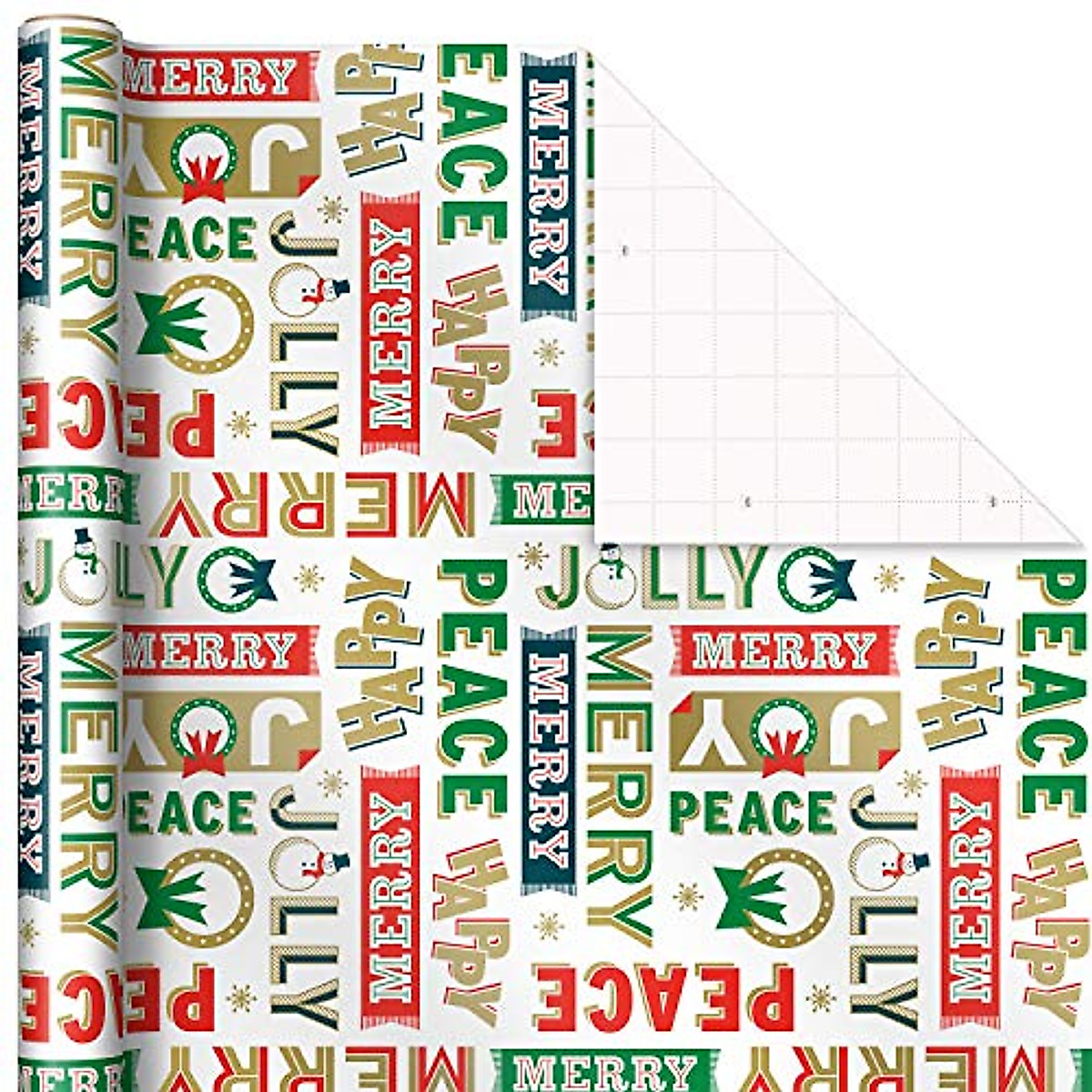 Hallmark Vintage Christmas Wrapping Paper Cut Lines on Reverse (3 Rolls: 120 sq. ft. ttl, Red, White, Navy Blue) Funny Candy Cane Santas, Classic Snowman, "Merry, Jolly, Happy, Peace"