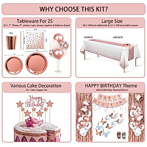 UJoyant 236 Pcs Birthday Decorations For Women, Rose Gold Party Decorations Kit For Girls Or Women - Butterfly Decors, Hanging Swirl, Balloon Stand Kit, Sash, Tiara, Banner, Tassel Curtain, Balloon, Tableware Kit For 25 Guests