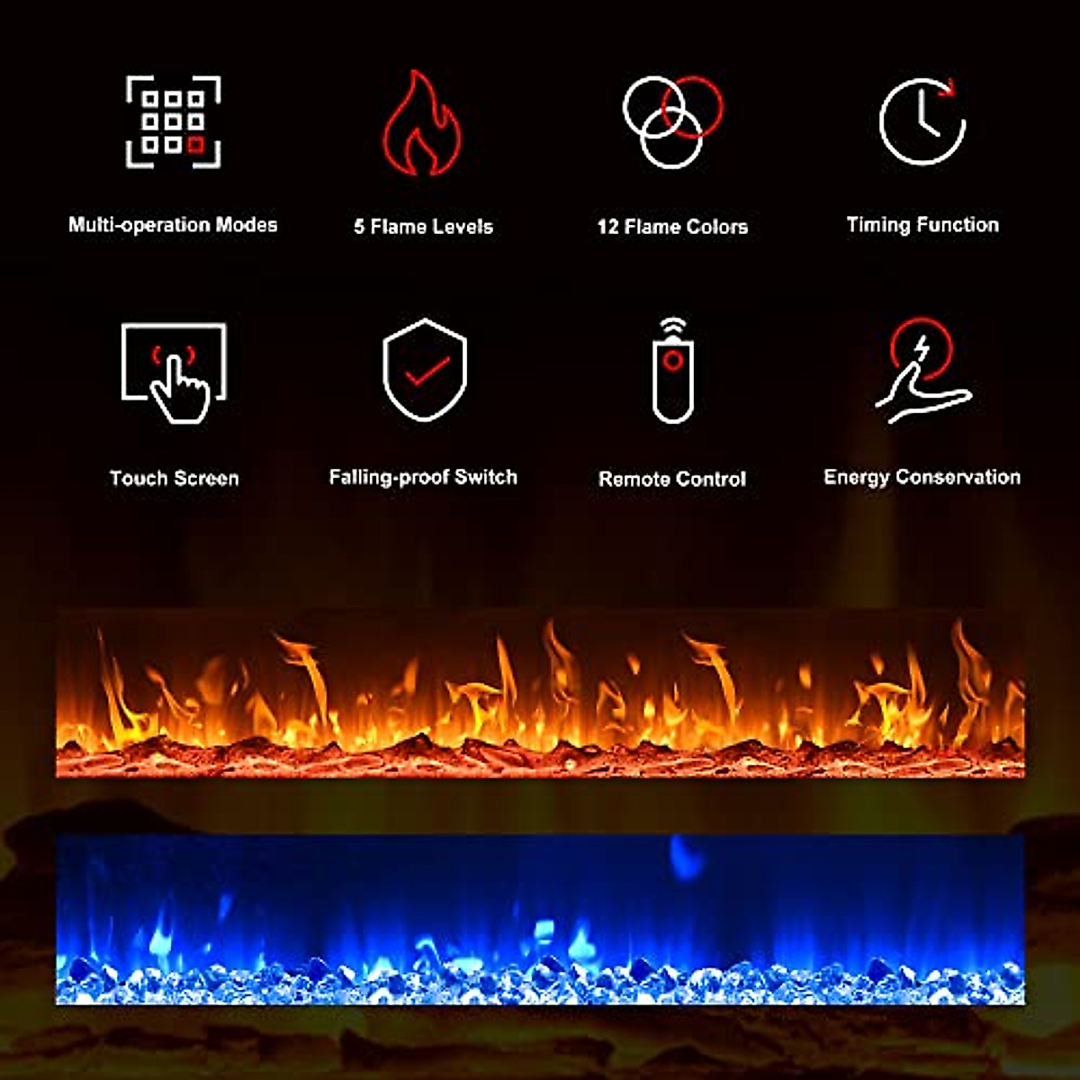 E EUHOMY 50-inch Electric Fireplace, Recessed and Wall Mounted Fireplace Heater, Adjustable Brightness, Multiple Colors, Dual Control Remote and Touch Screen, Indoor Heater with Timer, 750W/1500W