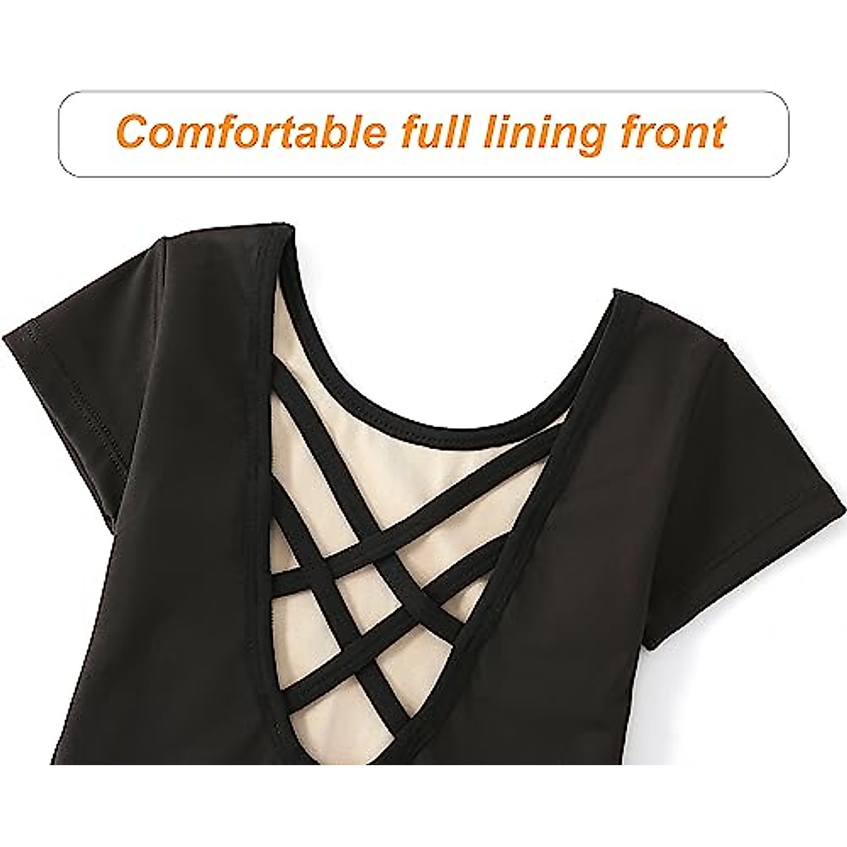 MdnMd Leotards for Girls Kids Dance Ballet Gymnastic Outfit Short Sleeve with Cross Back Detail (Black, Age 6-7)