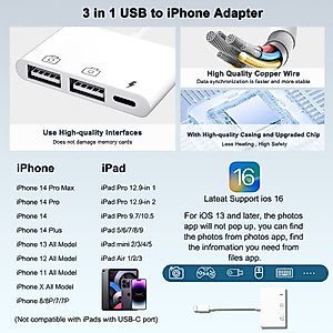 AMLLEN iPad to USB Adapter, USB for iPad, iPhone to USB Adapter Compatible iPhone/iPad,Plug N Play,Compatible with USB Flash Drive.Support iOS 16.