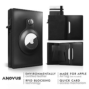 Anovus AirTag Wallet (Black) | Trackable Wallet with AirTag Holder | RFID-Blocking Minimalist Leather Wallet | Slim Leather Airtag Wallet - Men and Women| Smart Wallet - AirTag Not Included