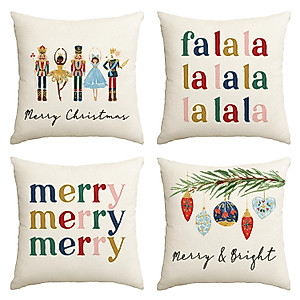 AVOIN colorlife Merry Christmas Nutcracker Throw Pillow Covers, 18 x 18 Inch Winter Holiday Party Cushion Case Decoration for Sofa Couch Set of 4