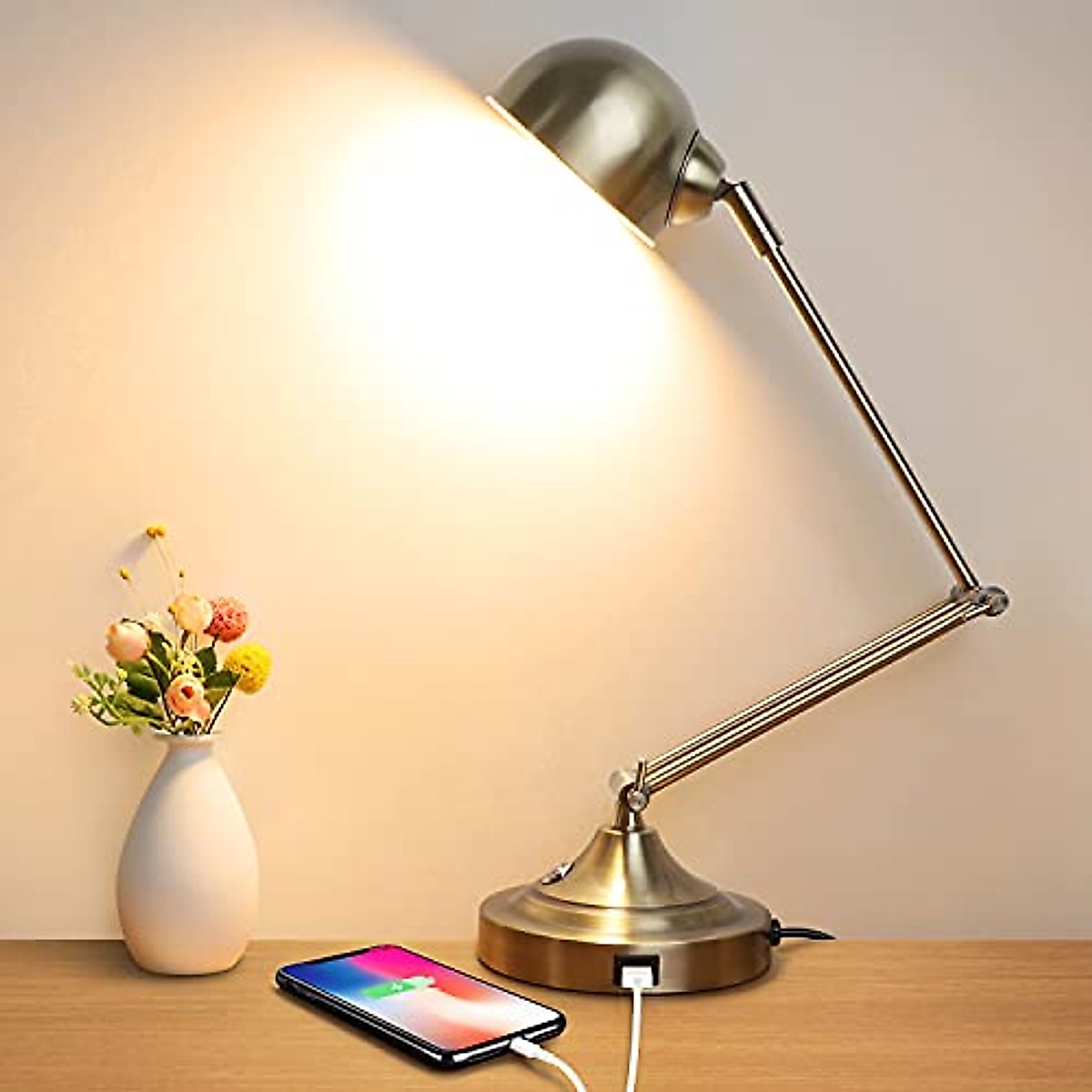 Mlambert 3-Color in 1 LED Desk Lamp with USB Charging Port, Swing Arm, Fully Dimmable, Eye-Caring Task Lamp, Touch Control Brass Metal Architect Drafting Table Lamp for Bedside, Office, Work, Reading