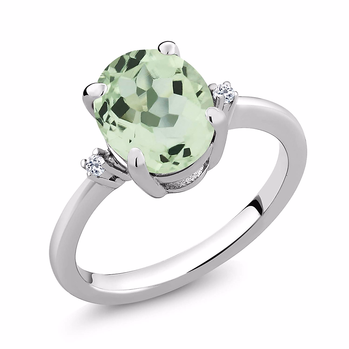 Gem Stone King 925 Sterling Silver Oval Green Prasiolite and White Topaz Gemstone Women's Ring (2.67 Cttw, Gemstone Birthstone, Available In Size 5, 6, 7, 8, 9)