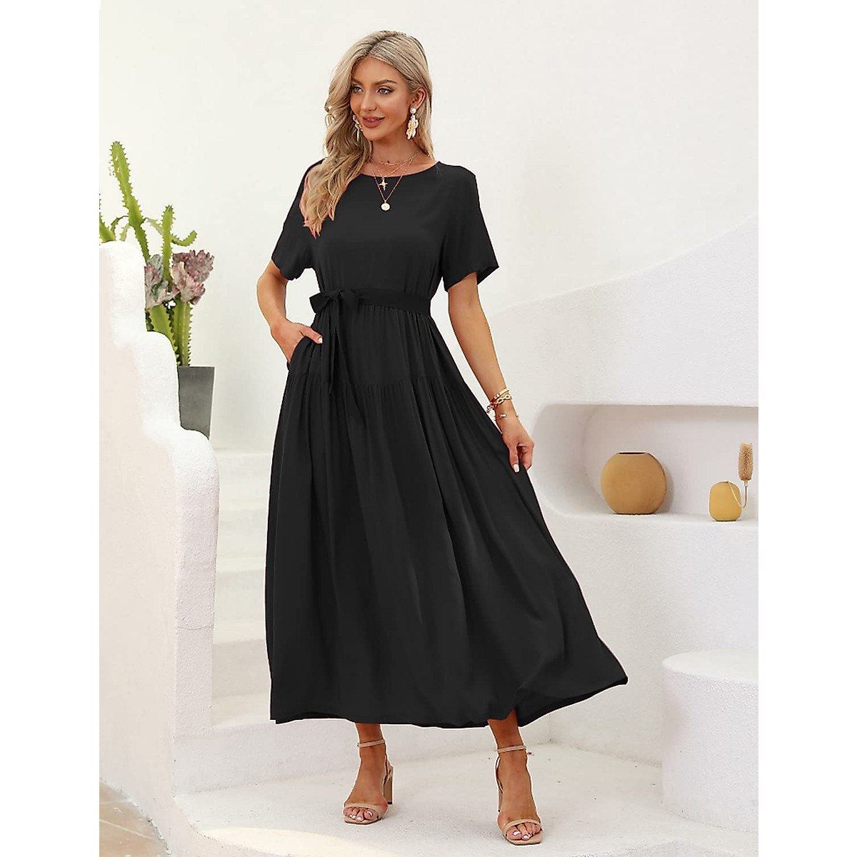 YESNO Women Casual Loose Bohemian Floral Dress with Pockets Short Sleeve Long Maxi Summer Beach Swing Dress XL EJF Black