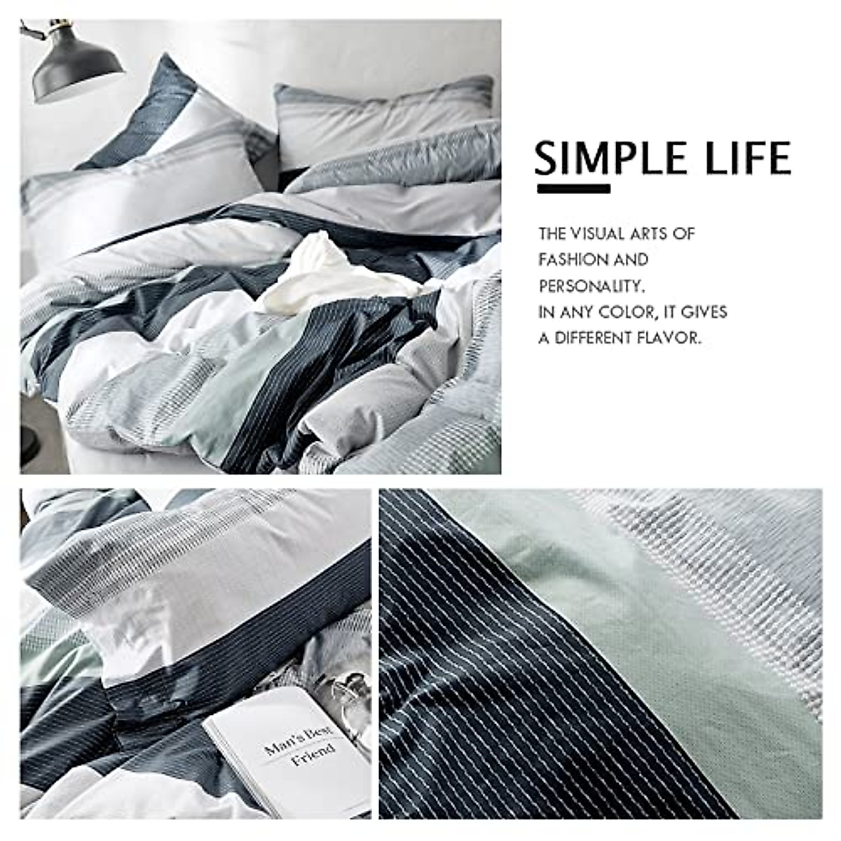 VClife Cotton Twin Duvet Cover White Grey Blue Stripe Comforter Quilt & Pillow Protector Cover Sets Simple Style Geometry Bedding Sets, 1 Twin Size Duvet Cover 68" x 86" & 2 Pillow Shams 20" x26"