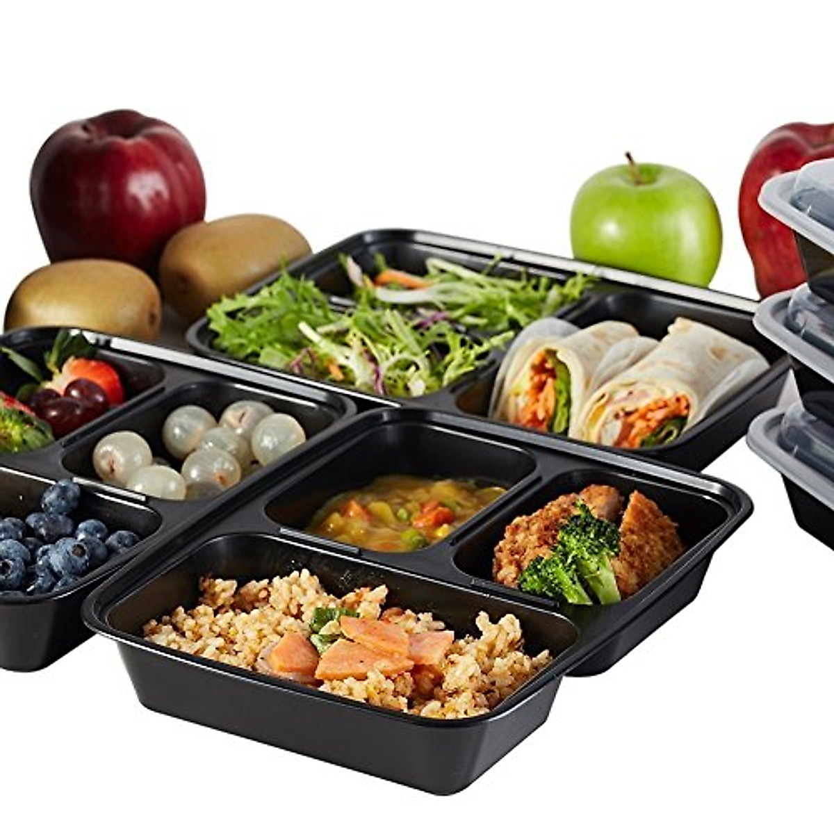 Nutribox [15 pack] 32oz 3 Compartment Meal Prep Containers with Lids - Bento Box - Durable Plastic Reusable Food Storage Containers - Stackable, Reusable, Microwaveable & Dishwasher Safe