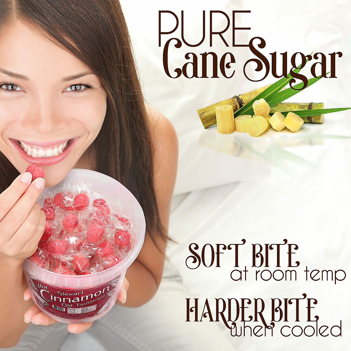 Stewart Old Fashioned Hot Cinnamon Flavored Pure Sugar Candy Puff Balls - Individually Wrapped Candy Snack, Fat-Free, Cholesterol-Free, Gluten-Free, Made in the USA - 27oz Tub