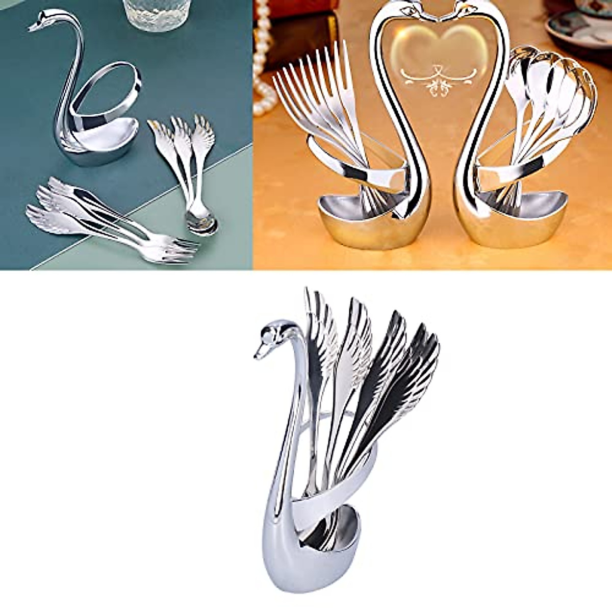 Creative Dinnerware Set, Decorative Swan Base Holder with 5 Forks or 5 Spoons for Coffee, Fruit,Dessert, Zinc Alloy Tableware Mirror Polished Spoon Fork Set (5 Spoons)