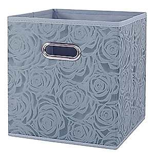 Lucky Monet 3 Pack Rose Pattern Storage Cubes Foldable Fabric Storage Bin Set with Handles Collapsible Storage Box Basket Closet Organizer Drawer (11"×11", Gray)