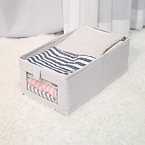 ANMINY Storage Bin Foldable Cotton Linen Fabric Open Storage Basket Box with Clear Mesh Window Washable Thick PP Board Decorative Closet Shelf Nursery Baby Kid Laundry Organizer – Beige, Small
