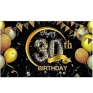 Happy 30th Birthday Banner for Men/Women, Black Gold 30th Birthday Decorations, 30th Birthday Poster Sign, 30th Birthday Party Photo Booth Props (70.8in x 43.3in)