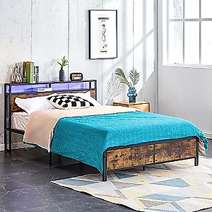 Gustonhon Industrial Queen Bed Frame with Headboard,Metal Bed Frame Queen Size with Storage Under-Bed,Mattress Foundation with LED Lights and Charging Station,2-Tier Storage Shelf (Queen)