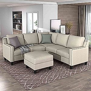 Tulib Symmetrical Sectional Sofa with Ottoman, L-Shaped Rivet Modern Upholstered Couch Set with Cushions, for Living Room, Beige