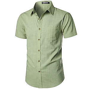ZEROYAA Men's Fitted Cotton Linen Casual Short Sleeve Button Up Shirts Lightweight Beach Tops with Pocket ZLSC34-Bean Green Medium