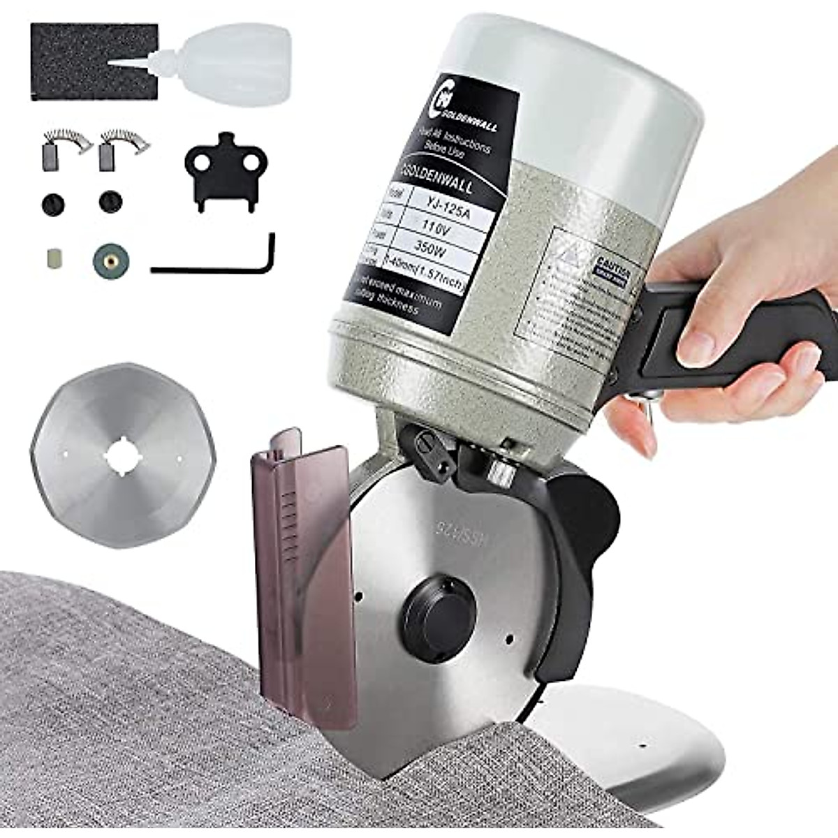 CGOLDENWALL YJ-125A Octagonal Electric Fabric Cutter Cloth Cutting Machine Electric Scissors for Cloth Textiles Paper Leather Rubber and Carpet With Sharpening Device & Blade Diameter 125mm 110V