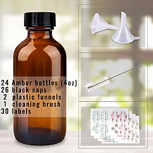 PINIWON 24 Pack 4 oz Amber Glass Bottles, 120ml Boston Round Sample Bottles with Black Poly Cone Caps, Labels, Funnels and Brush