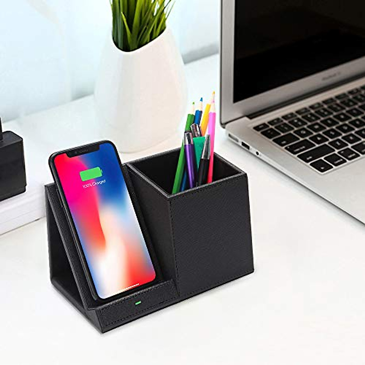 COSOOS Fast Wireless Charger with Desk Organizer, Desk Phone Charger Compatible with 13/13 Pro/13 Pro Max/13 Mini/SE /12/11/XS/8 Plus, Galaxy S21/S20+/S10/Note 10/Note 9/(No AC Adapter)