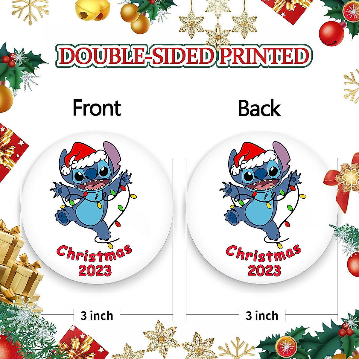Cosershow Christmas Ornaments 2023 Lilo Stitch Christmas Ornaments 2023 Double-Side Printed Baby Christmas Ornament Gifts for Kids Fans Cute Cartoon Xmas Tree Decorations for Boys Girls