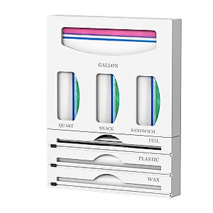 White Ziplock Bag Storage Organizer for kitchen Drawer | Plastic Wrap Organizer Dispenser with Cutter| Bamboo Ziploc Baggie Holder | Compatible with Ziploc Baggie Organizer | Bamboo Plastic Bag Dispenser for Gallon, Quart, Snack Sandwich bags & Plastic Fo