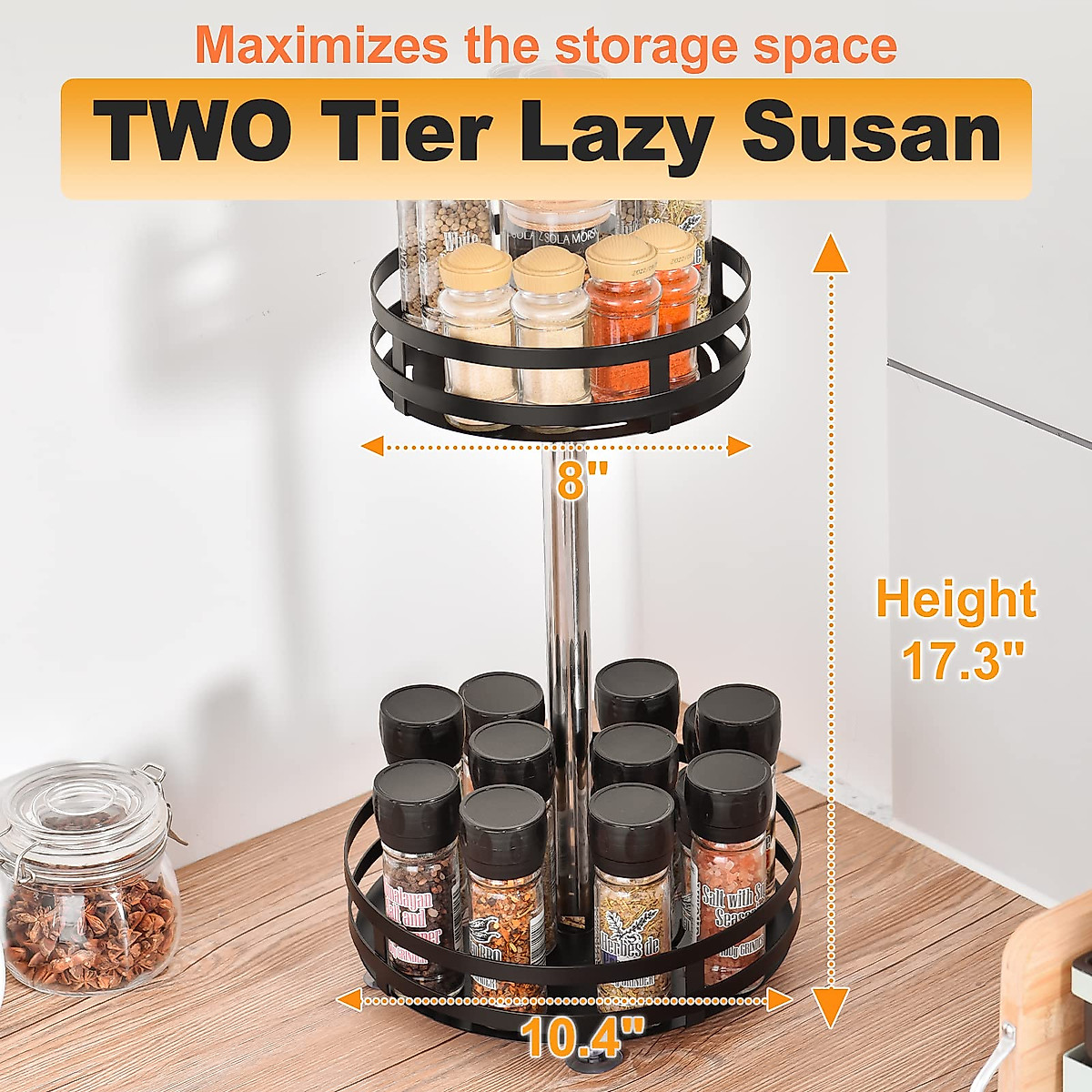 2 Tier Lazy Susan Organizer Metal Steel, Turntable Organizer for Table, Rotating Spice Rack Organizer for Cabinet Pantry Kitchen Countertop, Non Skid Suction Base, 10 inch, Black