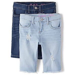 The Children's Place Girls' Denim Skimmer Jean Shorts, 2 Pack, Tessa Wash/Medium Blue Wash, 8