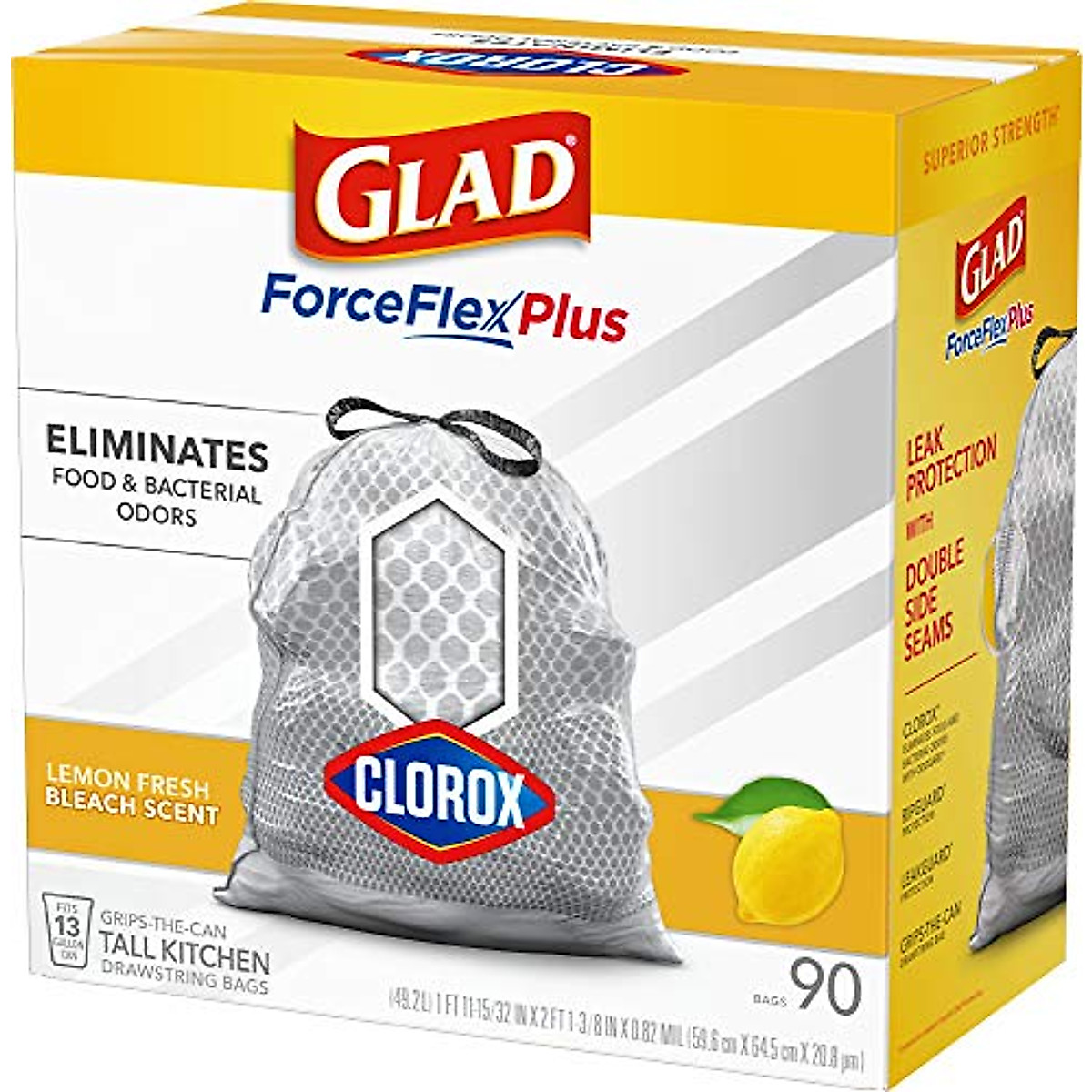 Glad Trash Bags, Tall Kitchen Garbage Bags ForceFlex Plus with Clorox, 13 Gallon, Lemon Fresh Bleach Scent 90 Count (Package May Vary), White-gray, Lemon Fresh