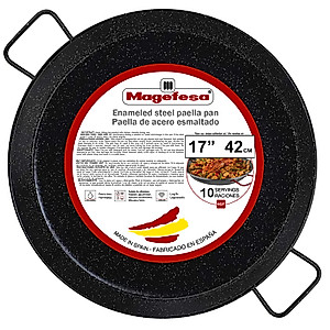MAGEFESA® Enamelled - paella pan 17 in - 42 cm and 10 Servings, made in Enameled Steel, with dimples for greater resistance and lightness, ideal for cooking outdoors, cook your own Valencian paella