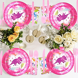 199 Pcs Dinosaur Party Supplies Girl, Hombae Pink Dinosaur Birthday Decorations Backdrop Balloon Garland Artificial Leaves Tablecloth Cake Topper Plate Napkin Cup Straw Knife Spoon Fork Pink