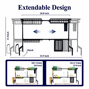 Kitsure Over The Sink Dish Drying Rack - 23.6" to 35"x21.2", Adjustable Sink Drying Rack for Kitchen Sink with Large Capacity, 2-Tier Dish Rack Over Sink with Multifunctional Baskets,Black