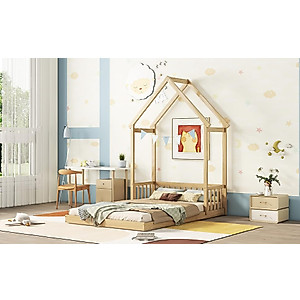 Bellemave Full Size Floor Bed for Kids, Montessori House Bed Frame with House Shape Roof and Semi-Fence, Wood Floor Bed for Boys, Girls, Low to Ground Height, Natural