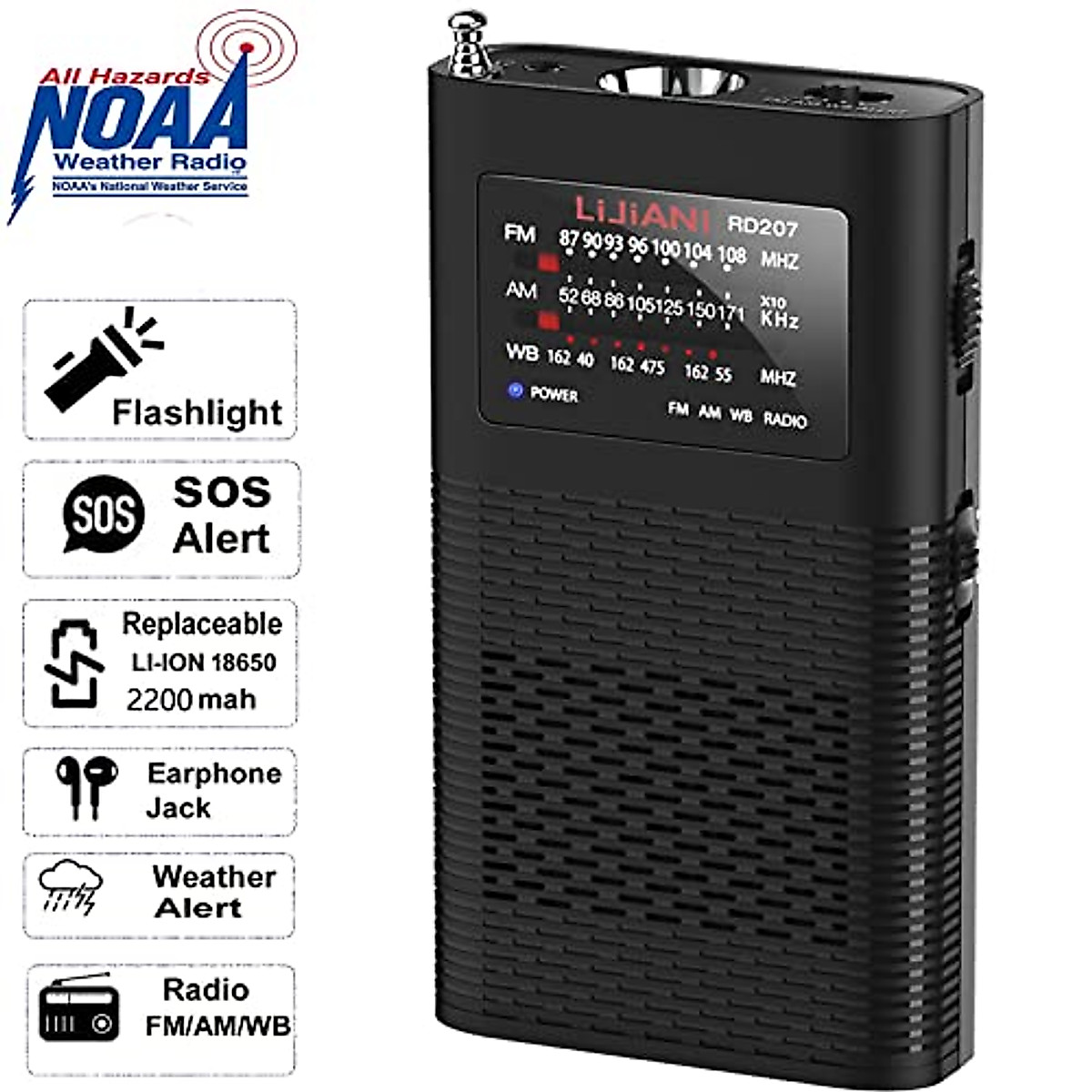 NOAA Weather Radio Portable AM FM Transistor auto Alert Battery Operated by1500MAH Battery with Strong Flashlight Emergency SOS Alarm Ultra-Long Antenna Best Reception
