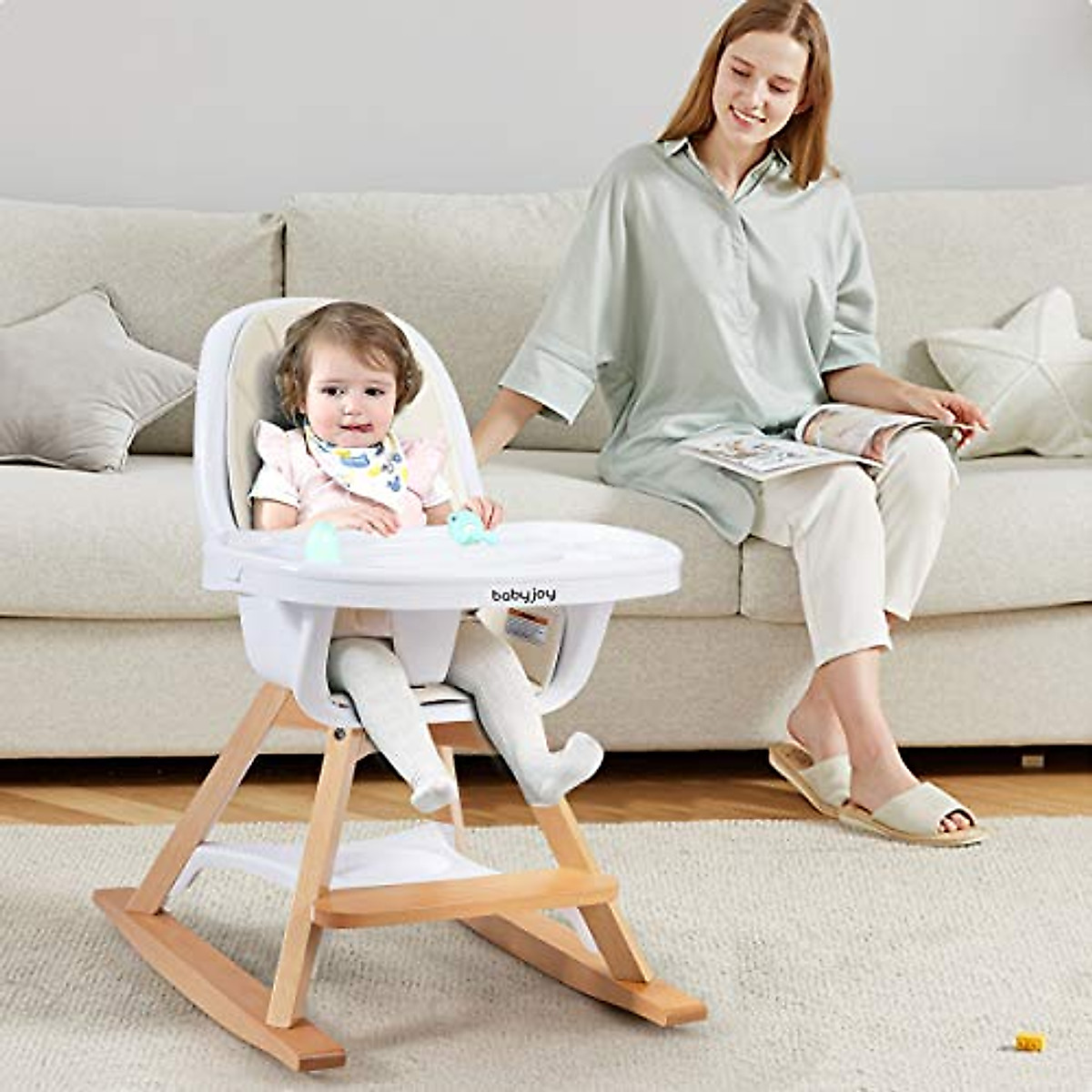 BABY JOY 3 in 1 High Chair, Baby Eat & Grow Convertible Wooden High Chair/Rocking Chair/Booster Seat/Toddler Chair, Infant Dining Chairs w/ Double Removable Tray, 5-Point Seat Belt & PU Cushion, Beige