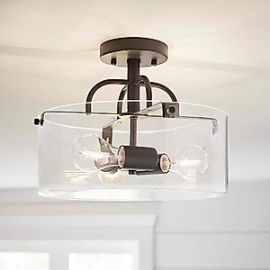 3-Light Bronze Semi-Flush Mount with Clear Glass Shade