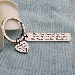 BEKECH Daughter-in-Law Gift Bonus Daughter In law Keychain Wedding Gift Jewelry from Mother-in Law You Were Created by God Chosen by Our Son and Love Has Made You Our Daughter (silver)