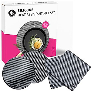 Gourmanity Cook 4 Pack, Silicone Trivet Set | Heat-Resistant Mats for Countertops | Grey Silicone Hot Pads for Kitchen | Non-Slip Silicone Trivets for Hot Pots & Pan