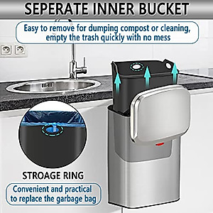Kitchen Hanging Compost Bin, 8L/2.11GAL Stainless-Steel Small Trash Can with Lid for Counter Top & Under Sink, 2 in 1 Detachable Indoor Compost Bin for Cupboard/Kitchen/Bedroom/Camping