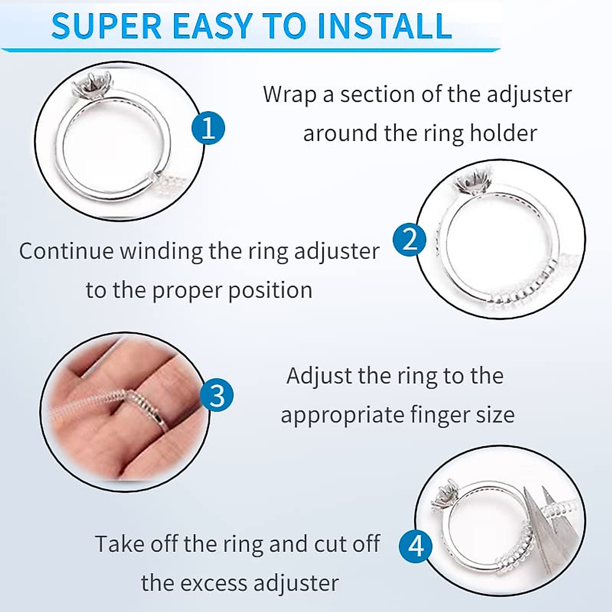 Ring Size Adjuster for Loose Rings - Invisible Spiral Transparent Silicone Ring Guard Clip Jewelry Tightener Resizer Set for Making Jewelry Fitter, Sizer, Guard, Spacer （8 Pack, 4 Sizes ）