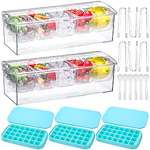 17 Pcs Condiment Server with Lid Chilled Condiment Tray with 5 Compartments Container Set Include 2 Garnish Tray, 3 Cocktail Ice Cube Tray, 6 Spoon 6 Tong, Bar Fruit Caddy with Lid Condiment Organizer