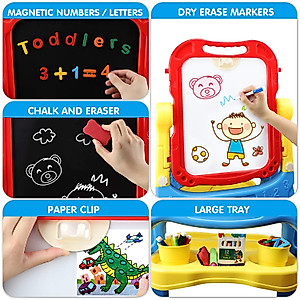 STEAM Life Easel for Kids Art Easel for Toddler Easel - 4in1 Double-Sided Large Magnetic Board Kids Chalkboard Easel Drawing White Board for Kids with Magnetic Letters & Numbers Easy Storage Portable