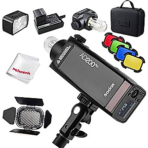 GODOX AD200Pro AD200 Pro with BD-07 Barn Door Honeycomb Grid 4 Color Filter Kit, 200W 2.4G Flash Strobe, 1/8000 HSS, 500 Full Power Flashes, 0.01-2.1s Recycling, 2900mAh Battery
