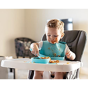 Silicone Bowl and Silicone Plate Easily Wipe Clean! Self Feeding Set Reduces Spills! Spend Less Time Cleaning after Meals with a Baby or Toddler! Set Includes 2 Colors (Lime Green / Turquoise)