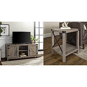 Walker Edison Furniture Company Farmhouse Barn Wood Universal Stand for TV's up to 64" Flat Screen L with Metal and Wood Square Side Accent Living Roo