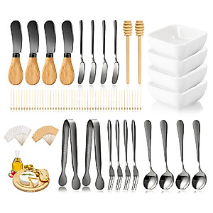 Charcuterie Board Accessories With 3 Oz Ceramic Dip Bowls, Wooden Handle Black Cheese Spreader Butter Knive Set Kit, Mini Tongs, Spoons, Forks,Honey Dipper, Cocktail Picks